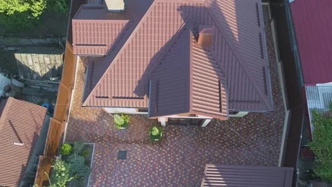 Beautiful modern cottage top view. Fligh... | Stock Video | Pond5