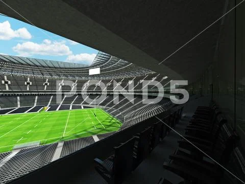 Beautiful modern rugby stadium with black seats, roof and VIP boxes ...
