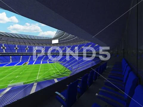 Beautiful modern rugby stadium with blue seats, roof and VIP boxes ...