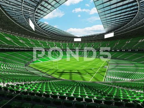 Beautiful modern rugby stadium with green seats, roof and VIP boxes ...