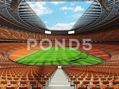 Beautiful modern rugby stadium with orange seats, roof and VIP boxes ...