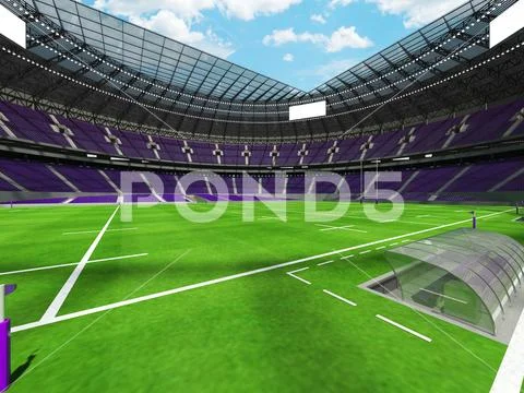 Beautiful modern rugby stadium with purple seats, roof and VIP boxes ...