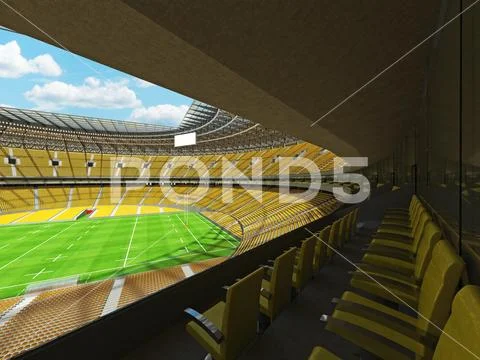 Beautiful modern rugby stadium with yellow seats, roof and VIP boxes ...