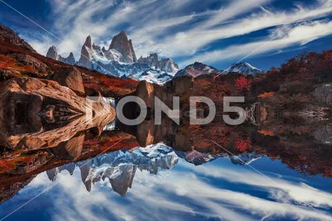 Photograph: Beautiful view with waterfall and Fitz Roy mountain ...