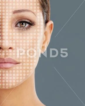 Beauty, skincare and scan with portrait of woman in studio for skin ...
