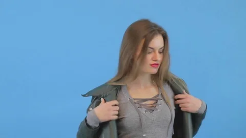 Beauty young hot girl in leather jacket ... | Stock Video | Pond5