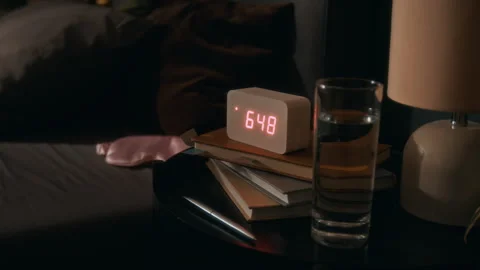 Bedside Table with Digital Clock, Stacke... | Stock Video | Pond5