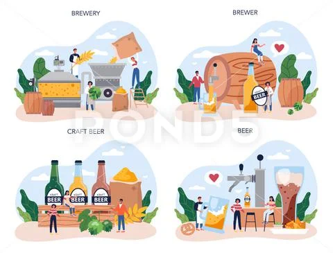 Beer concept set. Craft beer production, brewing process.: Graphic ...