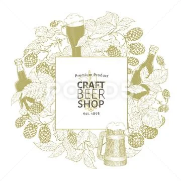 Beer hop frame template. Retro beer background. Vector hand drawn hop ...
