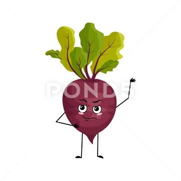 Beet character with emotions of hero, brave face, arms and leg ...