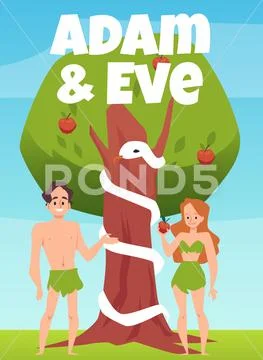 Biblical banner with Eve and Adam under tree, flat vector illustration.: Graphic #159777133