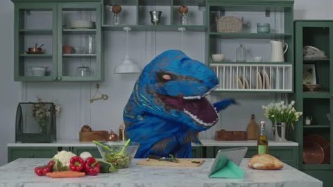 Big blue dinosaur dancing positive in ki... | Stock Video | Pond5