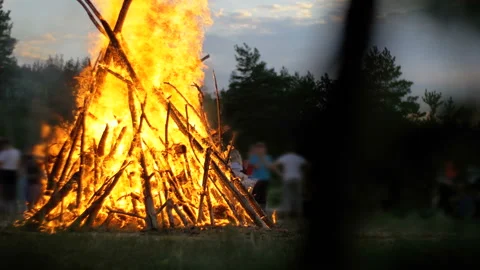 Big Campfire of the Branches Burn at Nig... | Stock Video | Pond5