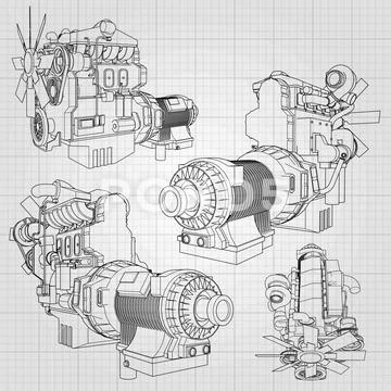 A big diesel engine with the truck depicted in the contour lines on ...