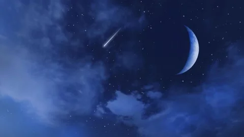 Big half moon and falling stars in cloud... | Stock Video | Pond5