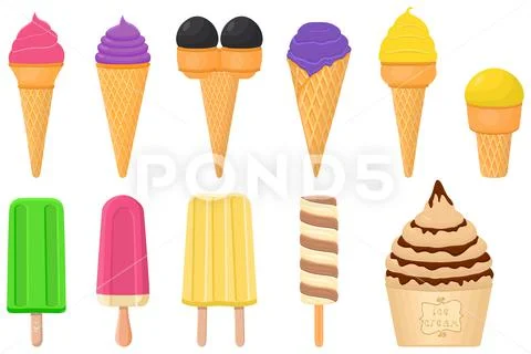 Big kit ice cream popsicle different types in cone waffle cup ~ Clip ...