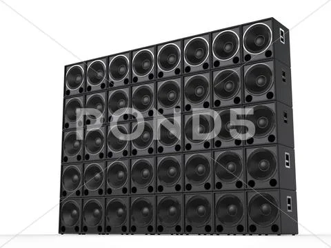 Big wall of hifi subwoofer speakers - side view: Royalty Free #67554090
