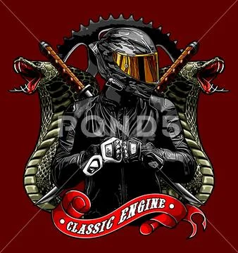 Biker being flanked by two snakes carrying two swords: Graphic #227941149