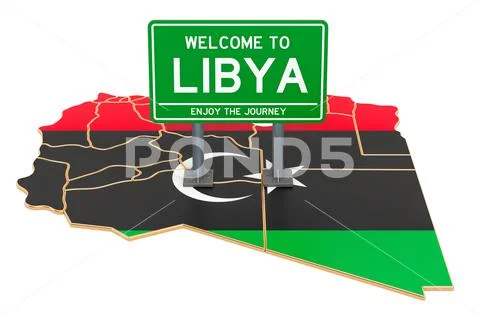 Billboard Welcome to Libya on Libyan map, 3D rendering: Graphic #131997173