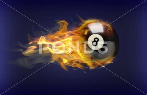 Photograph: Billiard ball with number 8 in fire flying on blue ...