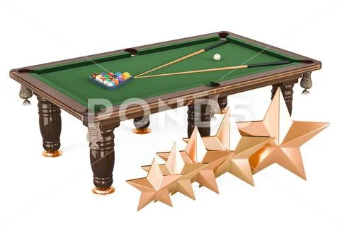 Billiard table with balls and cue with five golden stars, 3D rendering ...