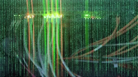 Binary code in front of a network switch... | Stock Video | Pond5