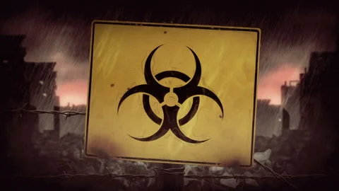 Biohazard symbol. City ruins under rain.... | Stock Video | Pond5