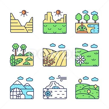 Biomes and landforms RGB color icons set: Royalty Free #165456162