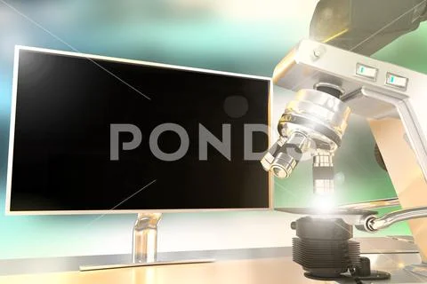 Biotechnology analysis concept, microscope and monitor with flare ...