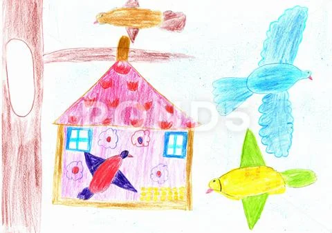 Bird bird feeder on tree. Children drawing birds eat food from trough ...