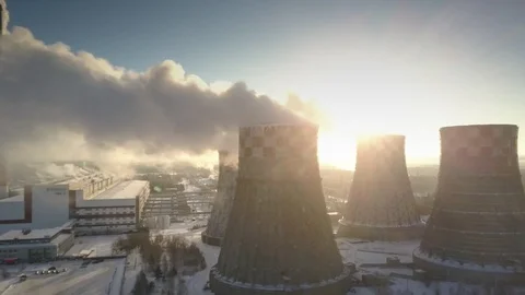 bird eye flight cooling towers with stea... | Stock Video | Pond5