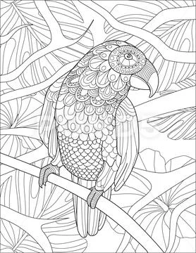 Bird Standing On Tree Branch Line Drawing With Leaves Detailed ...