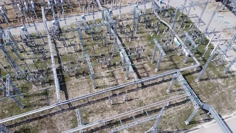 Bird's-eye view of electrical power high... | Stock Video | Pond5