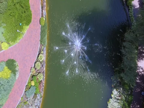 Birds eye view of park with water canal ... | Stock Video | Pond5