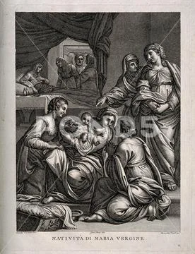 The birth of the Virgin Mary, Anna rests in bed while Mary is looked at ...