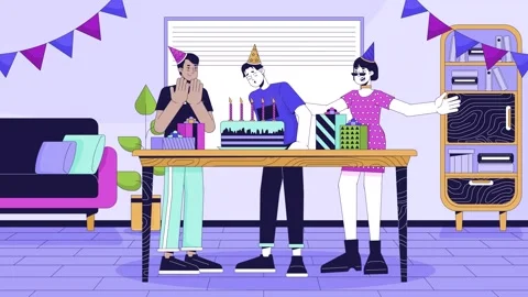 Birthday party with friends line cartoon... | Stock Video | Pond5