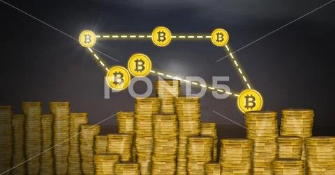 Bitcoin icons connecting in a network with towers of coins: Graphic ...