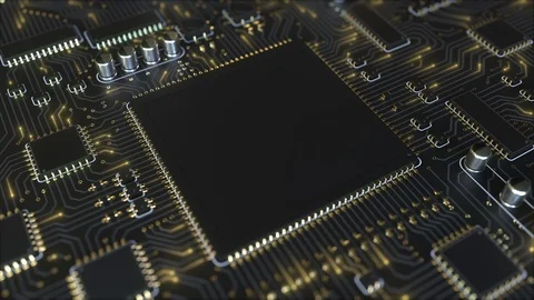Black chip on a circuit board conceptual... | Stock Video | Pond5