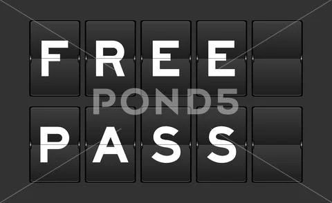 Black color analog flip board with word free pass on gray background ...
