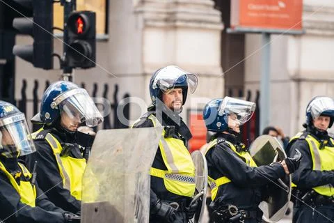 Black Lives Matter protest. Police officers holding the line ...
