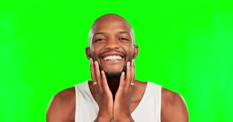 Black man, smile and touching face on gr... | Stock Video | Pond5