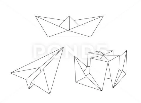 Black outline of origami shape: ship, boat and plane Illustration ...