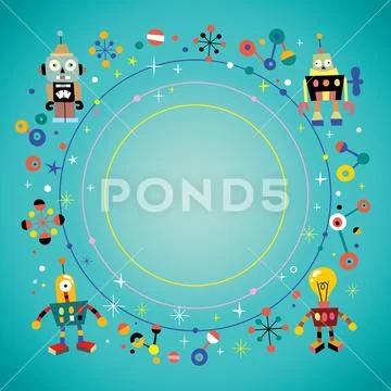 Blank banner round frame border with retro future robot characters ...