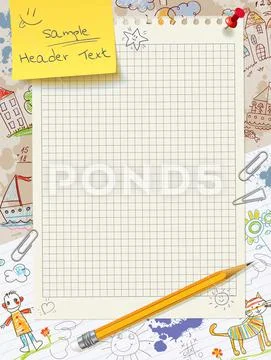 Blank notepad sheet on the background of children's drawings and ...