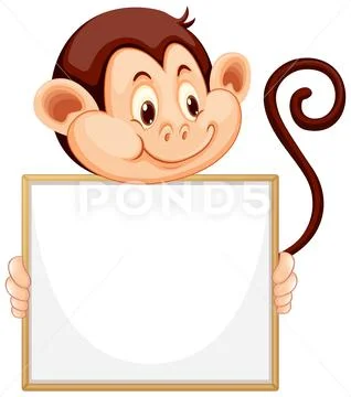 Blank sign template with cute monkey on white background: Royalty Free ...