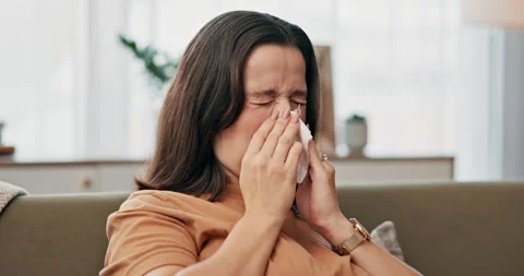 Blowing nose, tissue and sick with woman... | Stock Video | Pond5