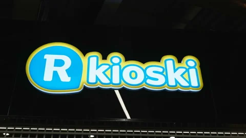 The blue and yellow R Kioski signage in ... | Stock Video | Pond5
