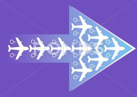 Blue arrow made of white plane symbols on blue background: Graphic ...