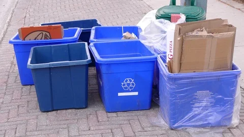 Blue box recycling on urban city street | Stock Video | Pond5