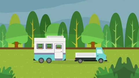 Blue caravan car moving near green fores... | Stock Video | Pond5